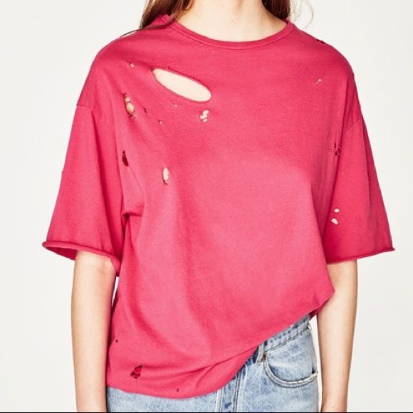 Zara | Tops | Zara Rippeddistressed Pink Tshirt Sz Small Nwt | Poshmark